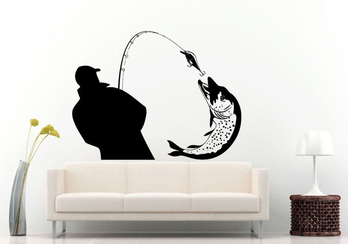 Fishing Fisherman Pike Catching A Fish With A Fishing Poll Wall Decal ...