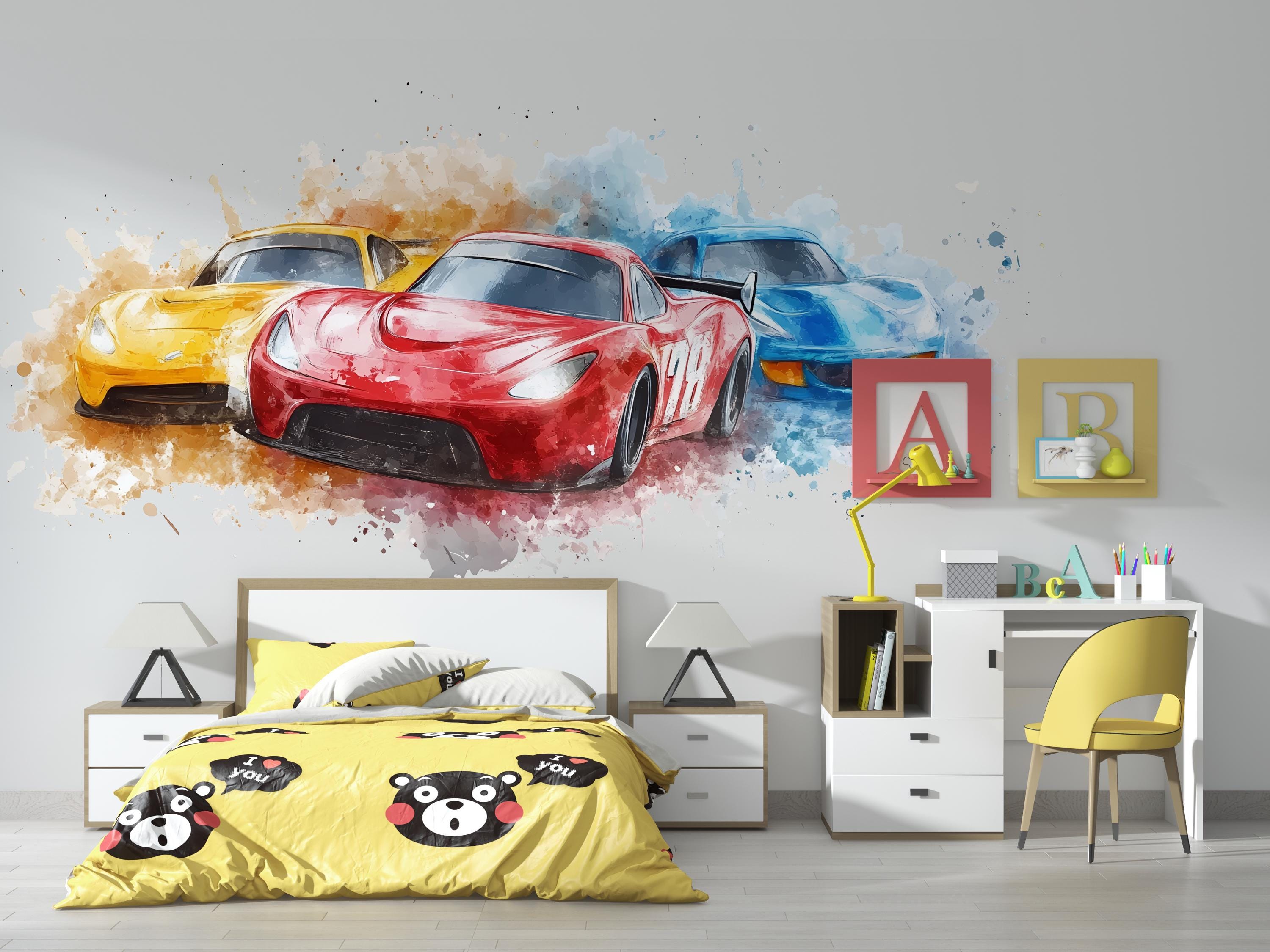 Watercolor Race Car Wall Decal • Boys Room Racing Mural • Sports Car ...
