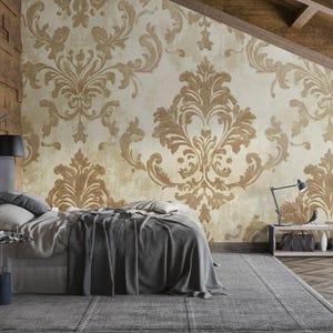 Victorian Beige Damask Wallpaper Mural – Elegant Neutral Wall Art ...