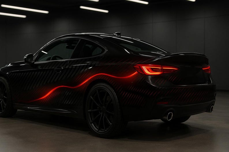 Futuristic Red Neon Car Wrap | Black Matte Sports Car Vinyl | Custom ...