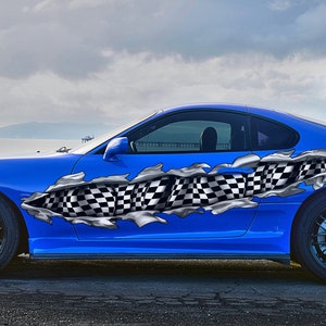 3D Checkered Flag Car Wrap, Racing Flag Car Decal, Ripped Metal ...