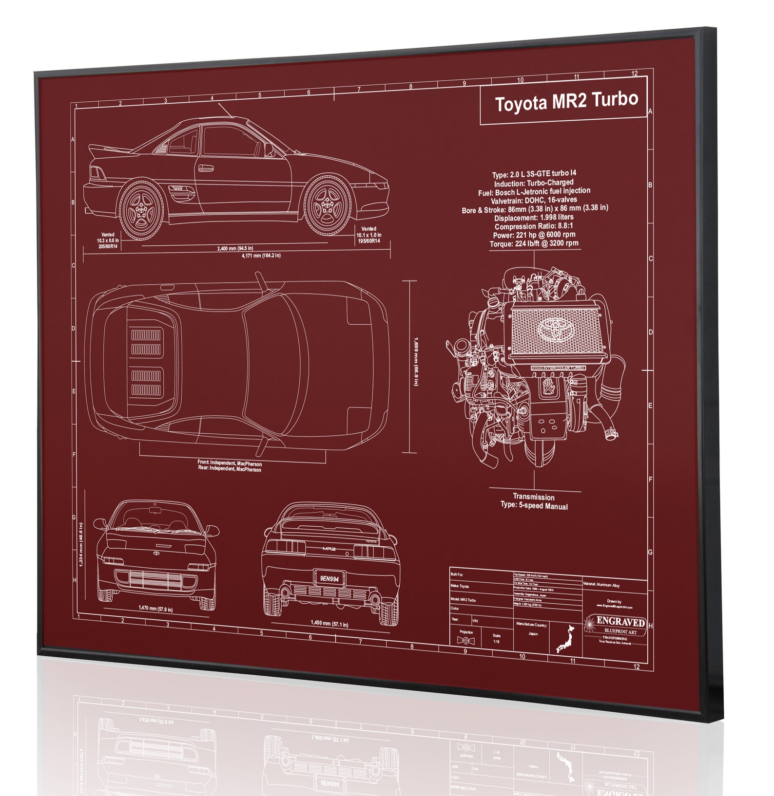 Toyota MR2 Turbo Personalized Laser Engraved Wall Blueprint - Etsy