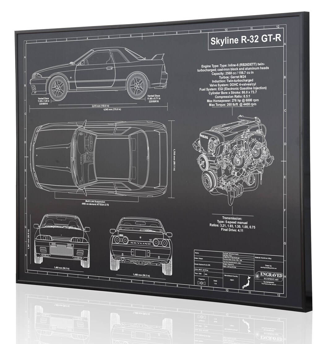 Nissan R-32 Skyline GT-R Laser Engraved Wall Art Poster. Engraved on ...