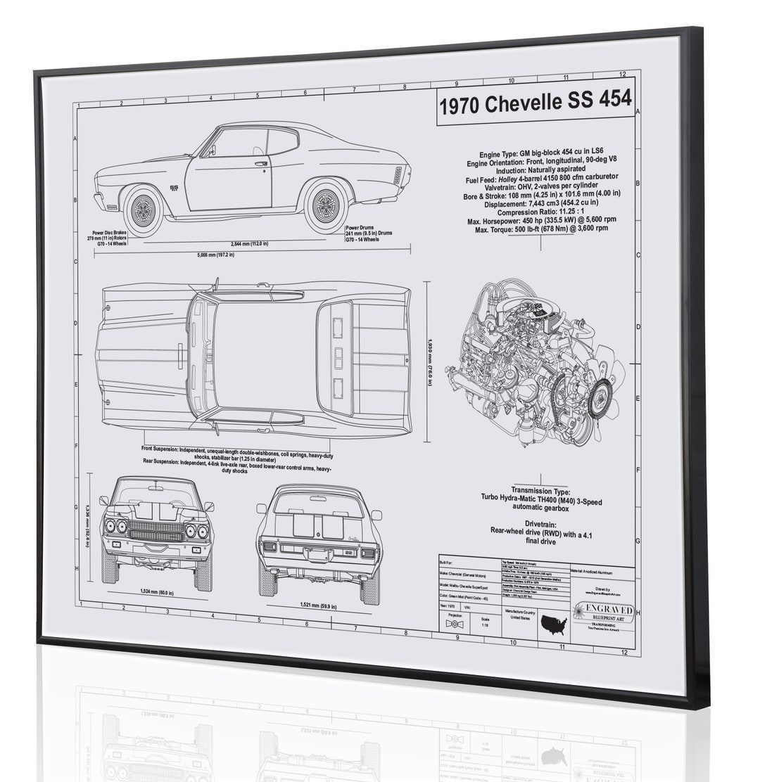 Chevrolet Chevelle 454 LS6 Laser Engraved Wall Art, Blueprint Artwork ...