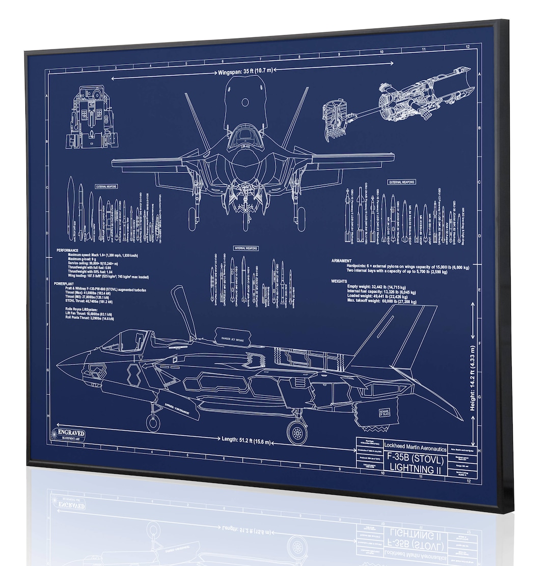 Lockheed F-35B Lighting II Laser Engraved Blueprint. Engraved on Metal ...