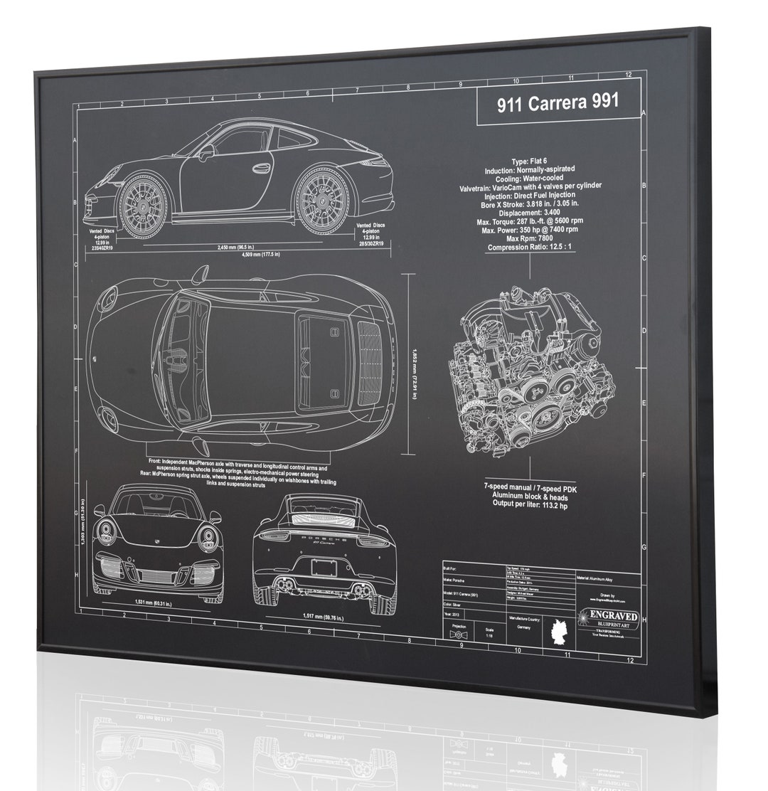 Porsche 991 911 Carrera Laser Engraved Wall Art Porsche Car Blueprint ...
