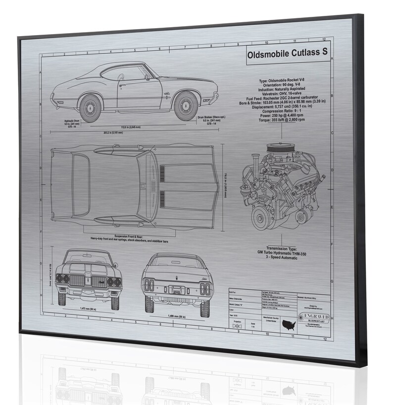 Oldsmobile Cutlass S 1970 Laser Engraved Wall Art. Blueprint - Etsy