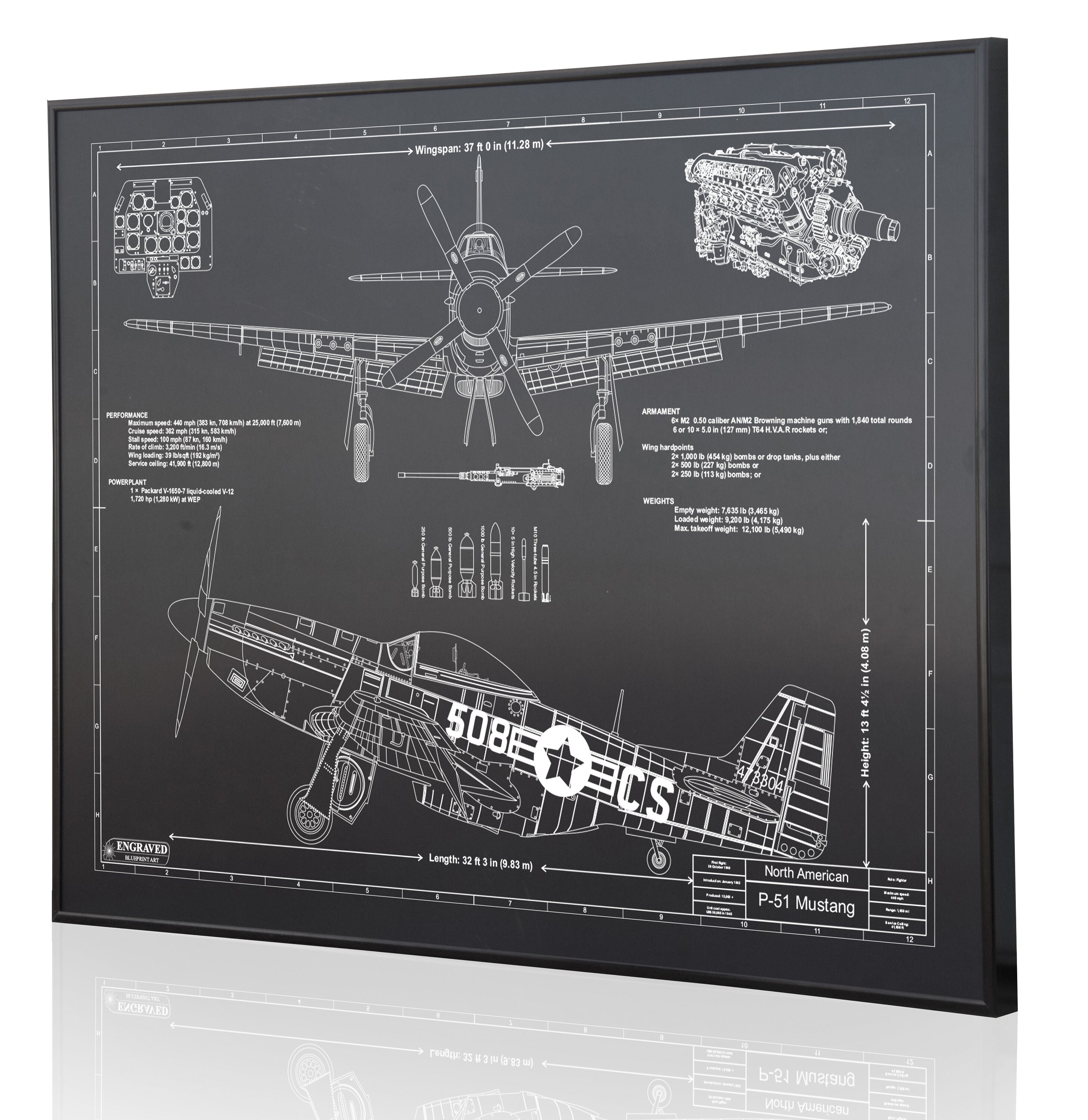 P-51D Mustang Personalized Engraved Blueprint Artwork. Custom | Etsy