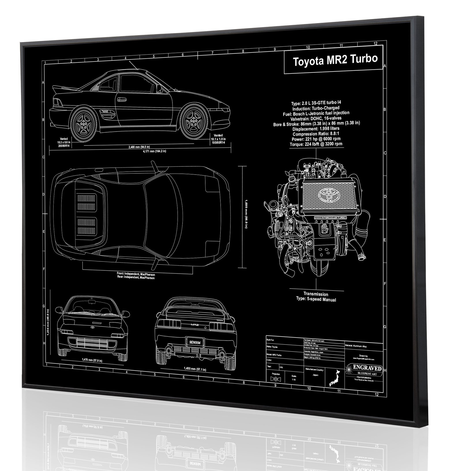 Toyota MR2 Turbo Personalized Laser Engraved Wall Blueprint - Etsy