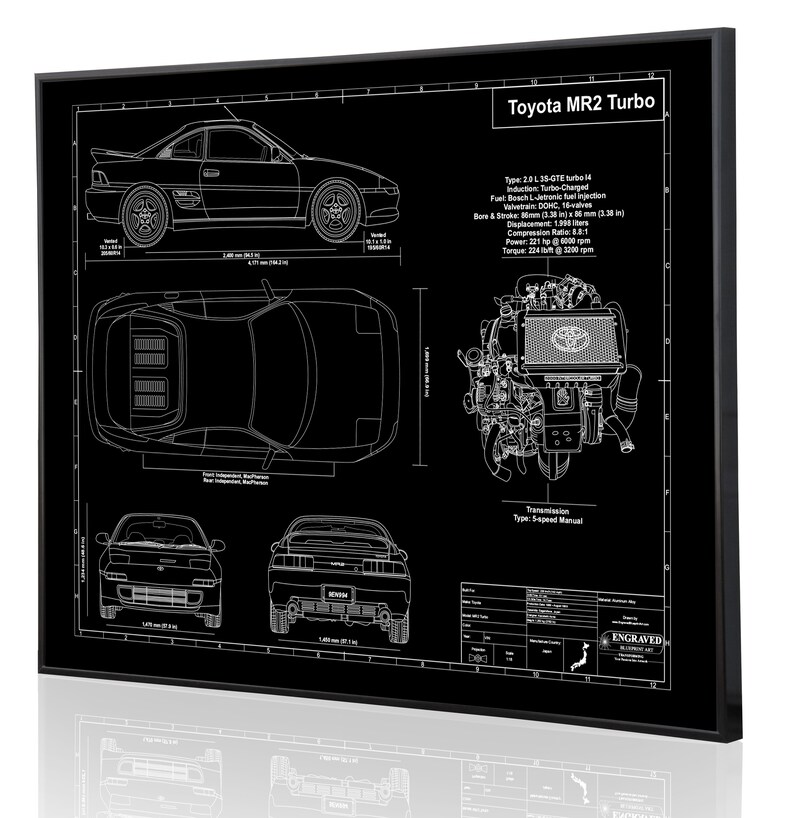 Toyota MR2 Turbo Personalized Laser Engraved Wall Blueprint - Etsy