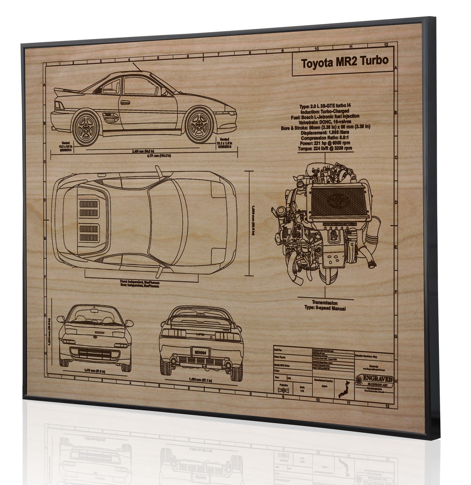 Toyota MR2 Turbo Personalized Laser Engraved Wall Blueprint - Etsy
