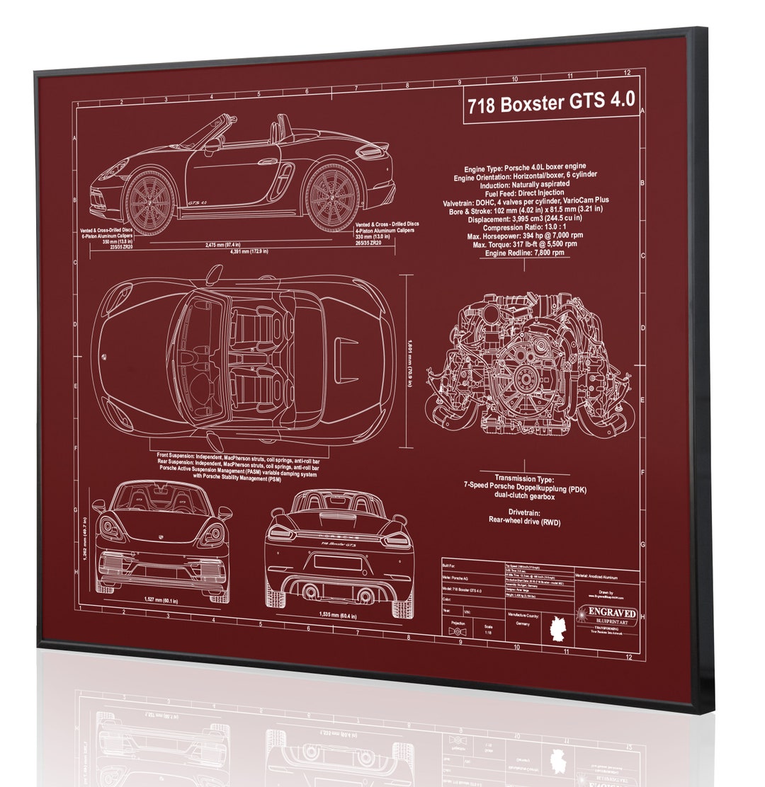 Porsche 718 Boxster GTS Laser Engraved Blueprint Car Enthusiast Gifts ...
