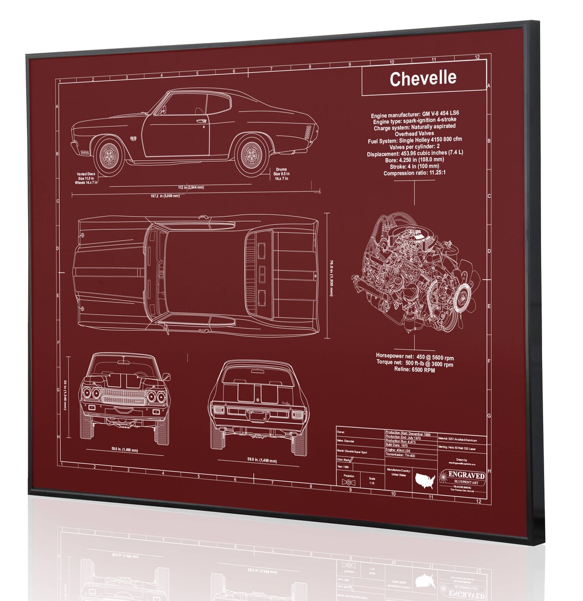 Chevrolet Chevelle 454 LS6 Laser Engraved Wall Art Blueprint | Etsy