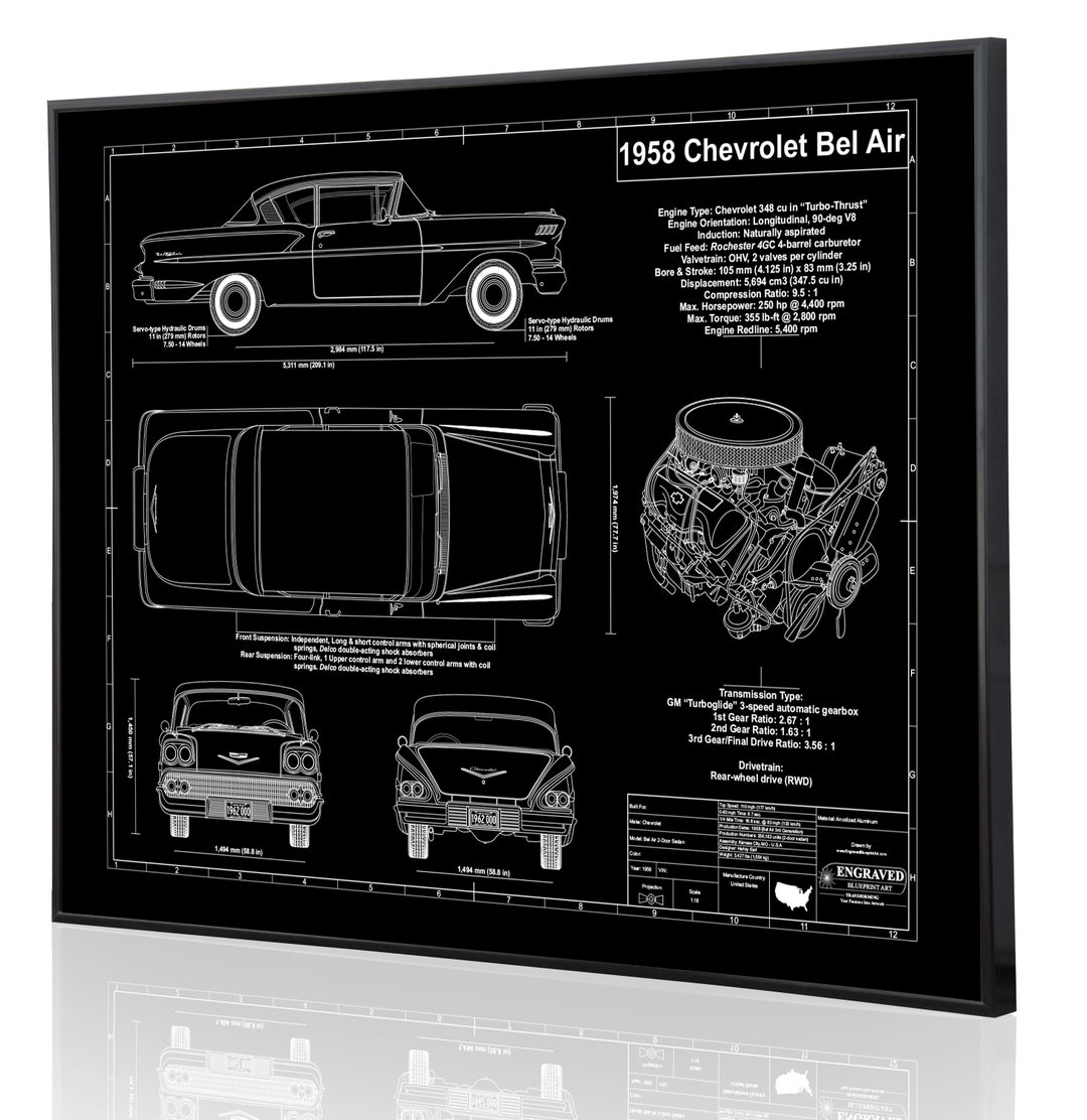 1958 Chevy Bel Air Laser Engraved Blueprint. Wall Art. Engraved on ...