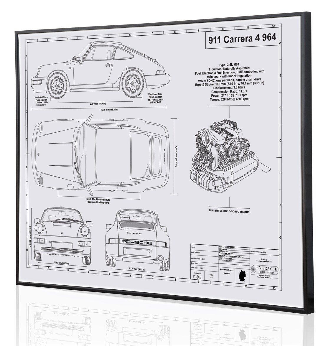 Porsche 964 911 Carrera 4 Car Blueprint Art Laser Engraved - Etsy