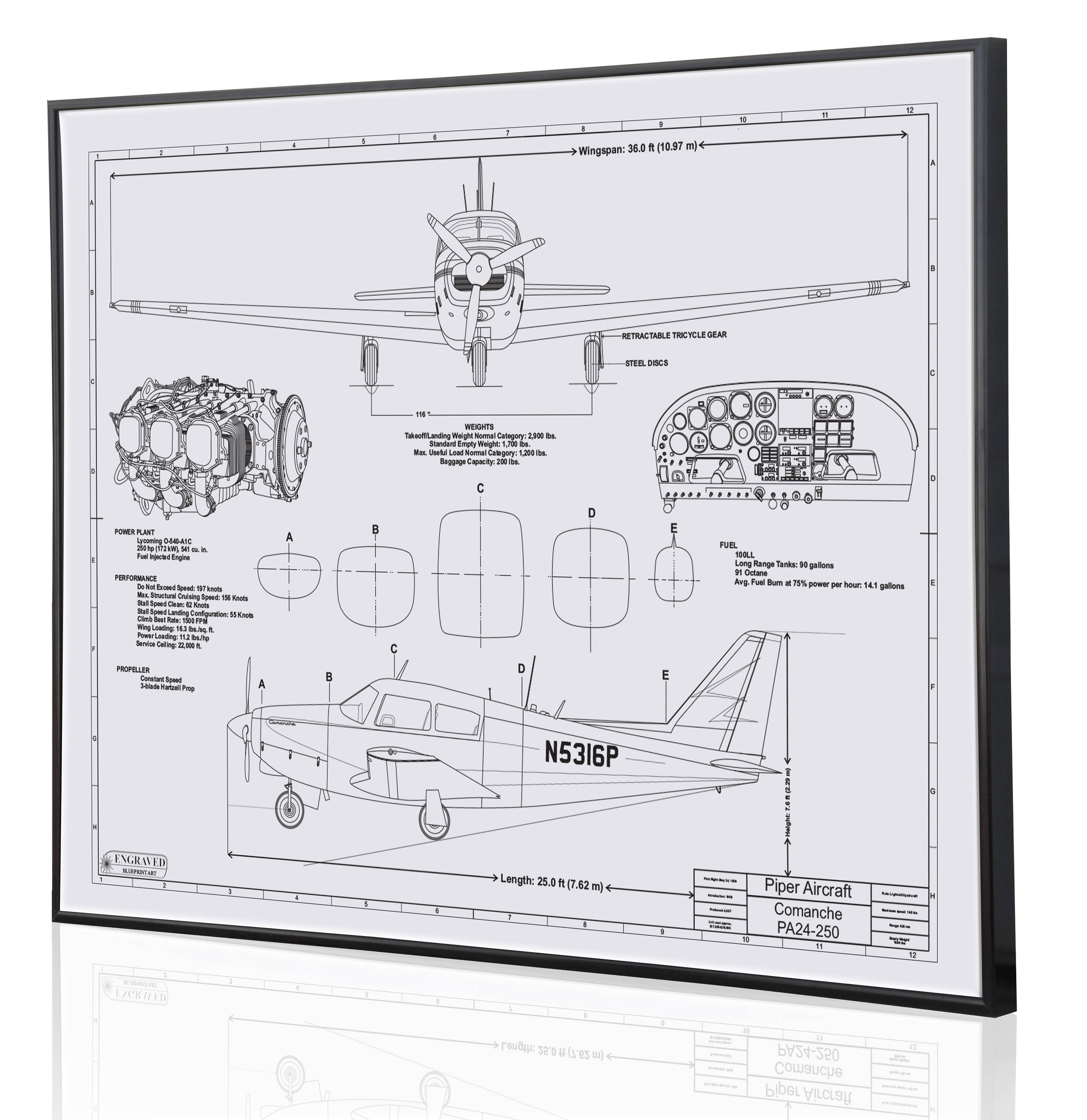 Piper Comanche PA24-250 Engraved Wall Art Poster. Engraved on | Etsy