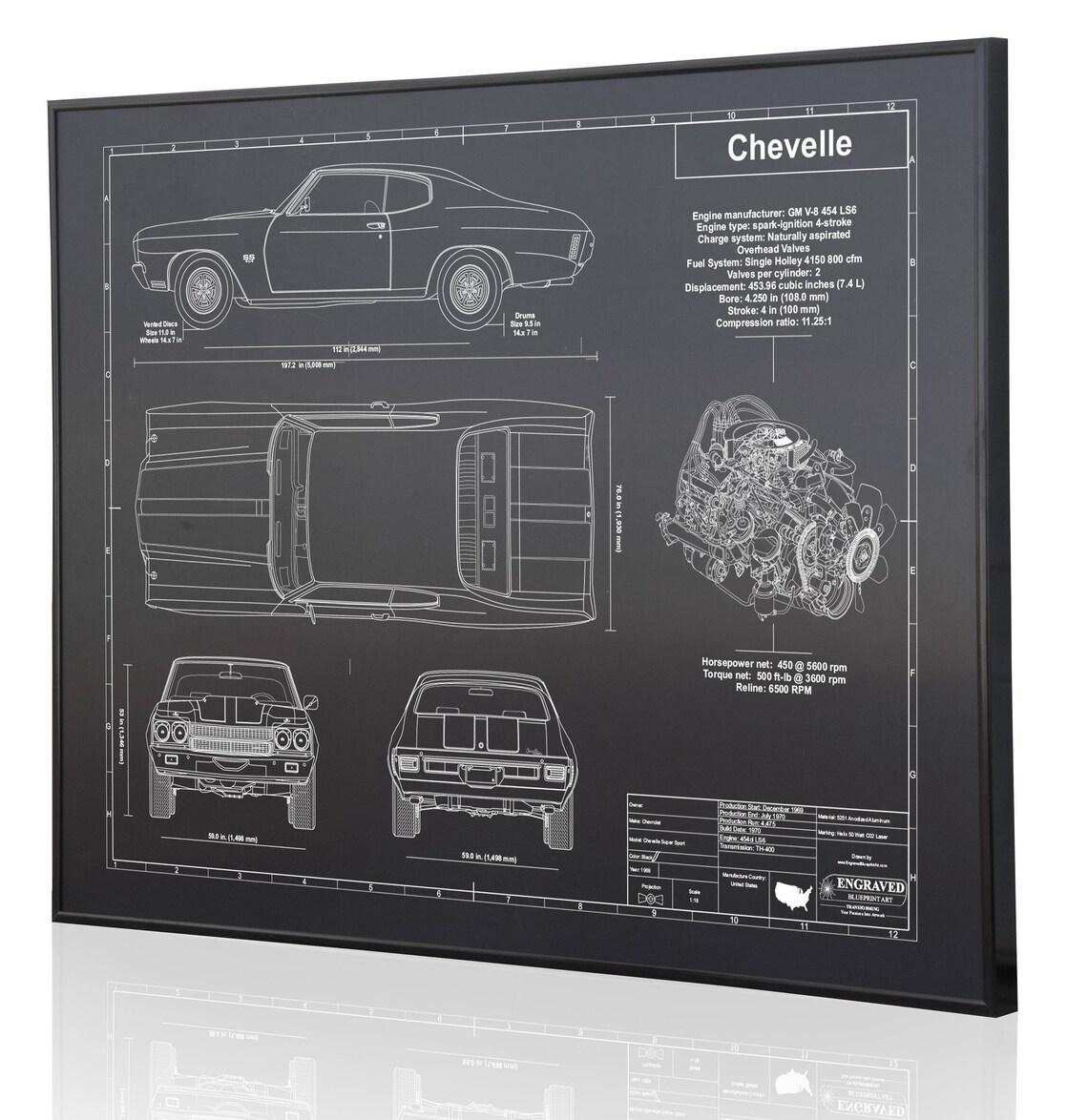 Chevrolet Chevelle 454 LS6 Laser Engraved Wall Art Blueprint | Etsy