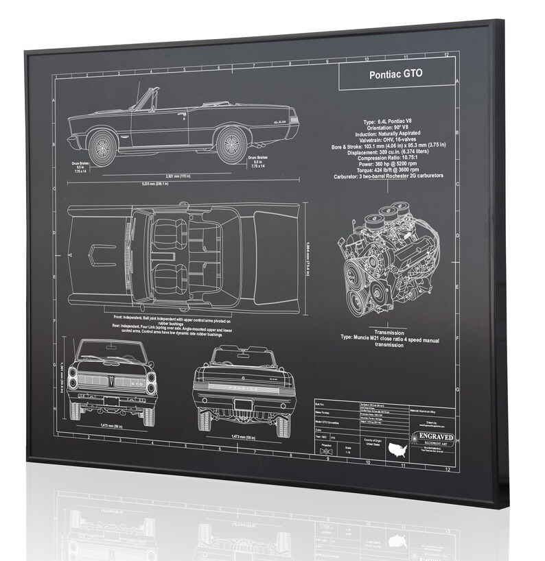 Pontiac GTO Convertible 1965 Laser Engraved Wall Art Poster. | Etsy