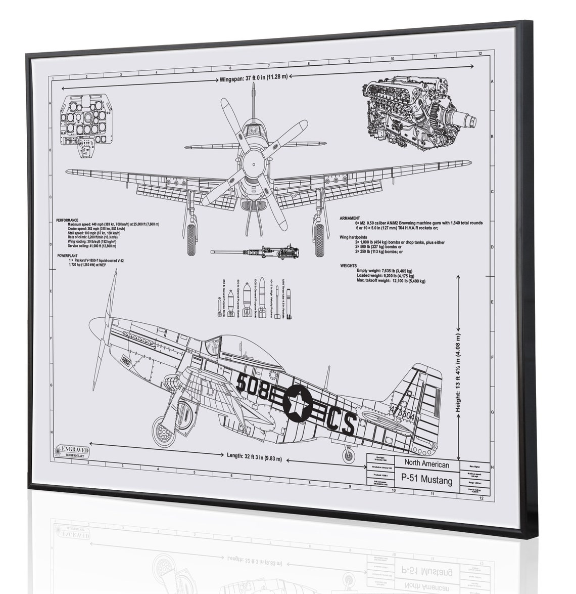 P-51D Mustang Personalized Engraved Blueprint Artwork. Custom - Etsy