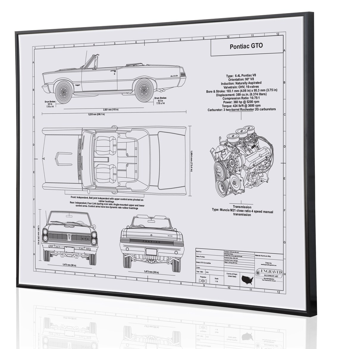 Pontiac GTO Convertible 1965 Laser Engraved Wall Art Poster. | Etsy