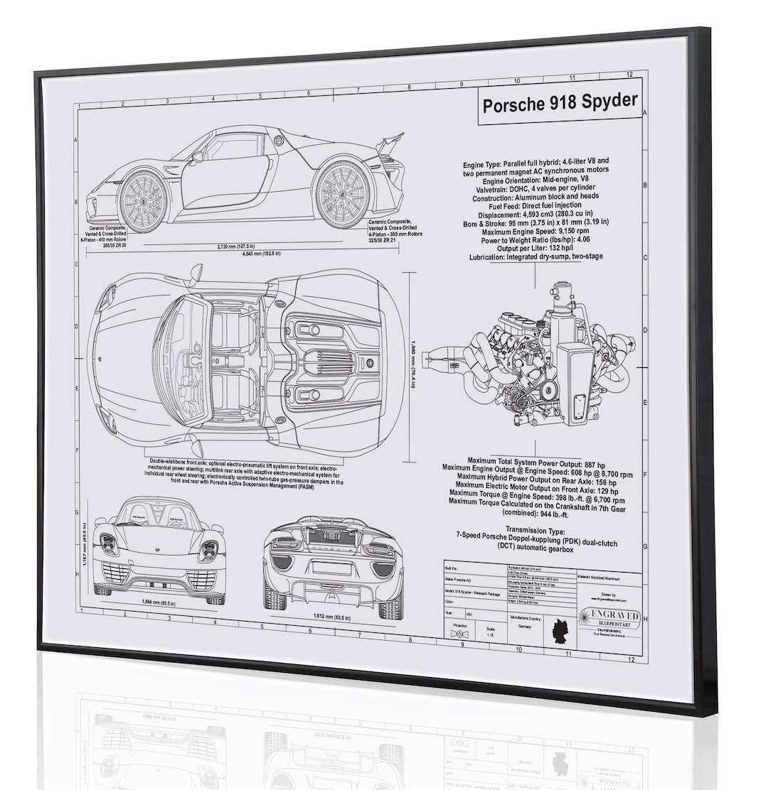 Porsche 918 Spider Blueprint Laser Engraved Metal Wall Art Car Wall Art ...