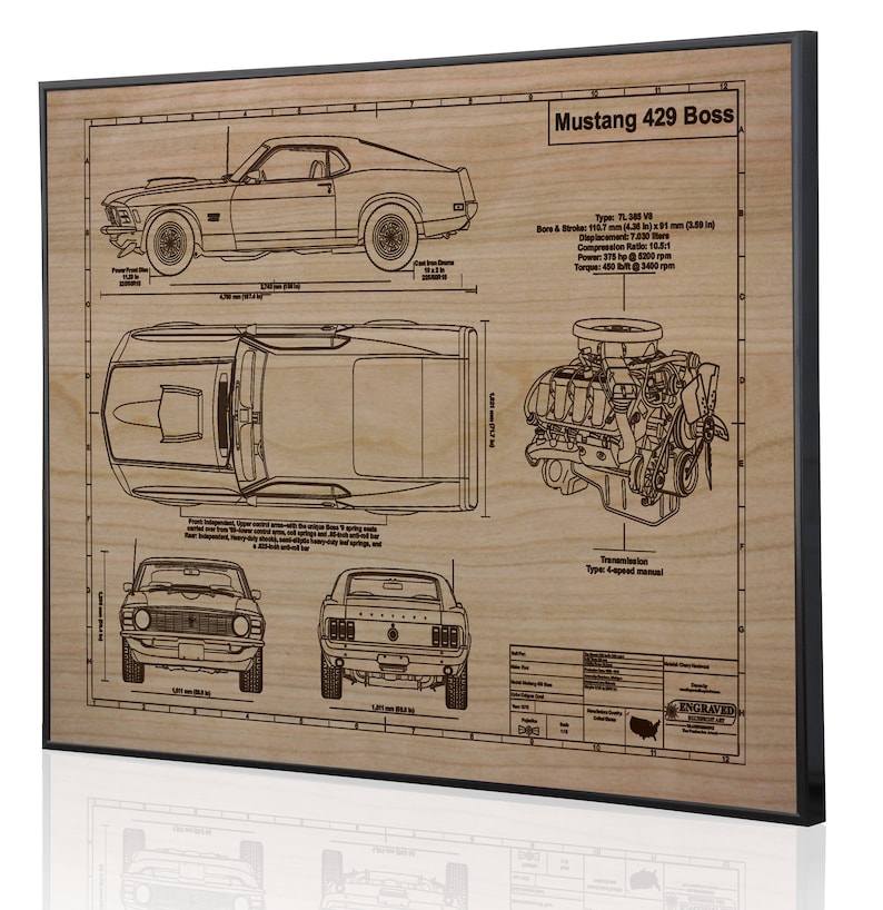 Ford Mustang Boss 429 Laser Engraved Wall Art. Blueprint Sign | Etsy