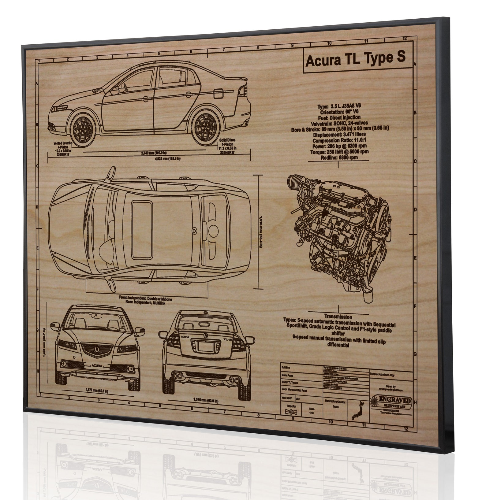 Acura TL Type S Personalized Laser Engraved Blueprint Wall Art | Etsy