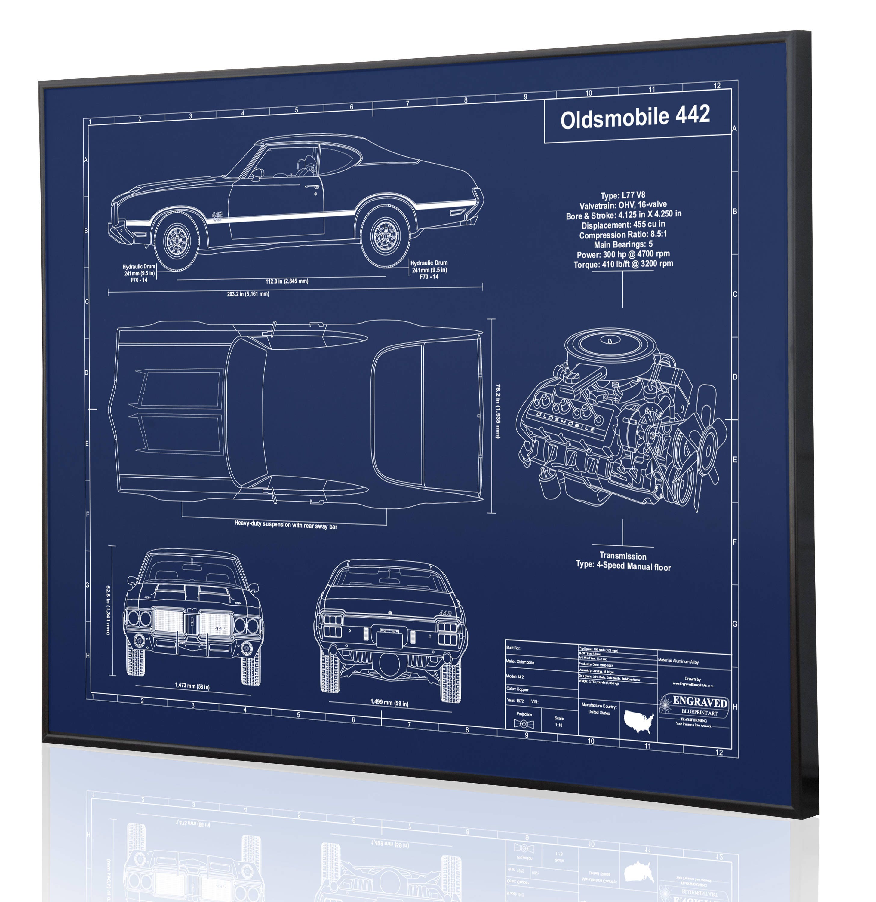 Oldsmobile 442 1972 Laser Engraved Wall Art. Blueprint Sign | Etsy