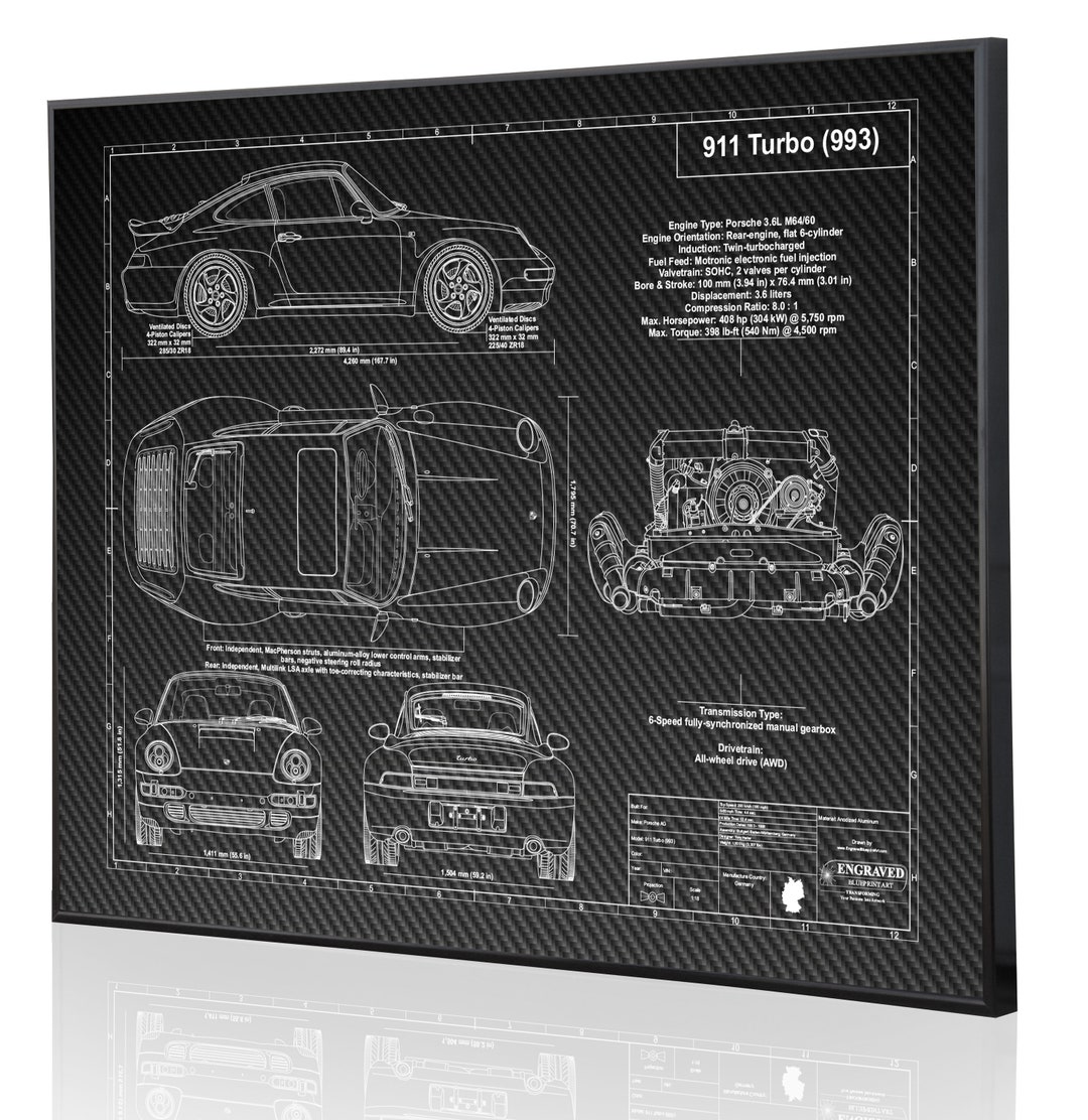 Porsche 993 911 Turbo Laser Engraved Wall Art Blueprint Porsche Artwork ...