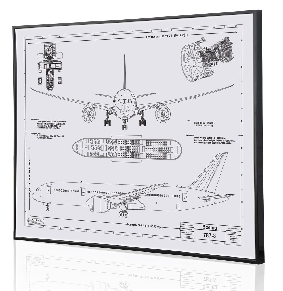 Boeing 787-8 Laser Engraved Wall Art Poster. Engraved on Metal, Acrylic ...