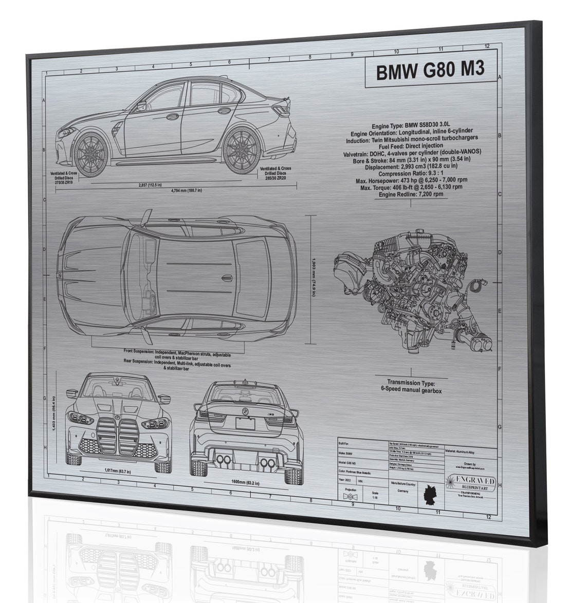 BMW G80 M3 Laser Engraved Wall Art Poster. Blueprint Sign - Etsy