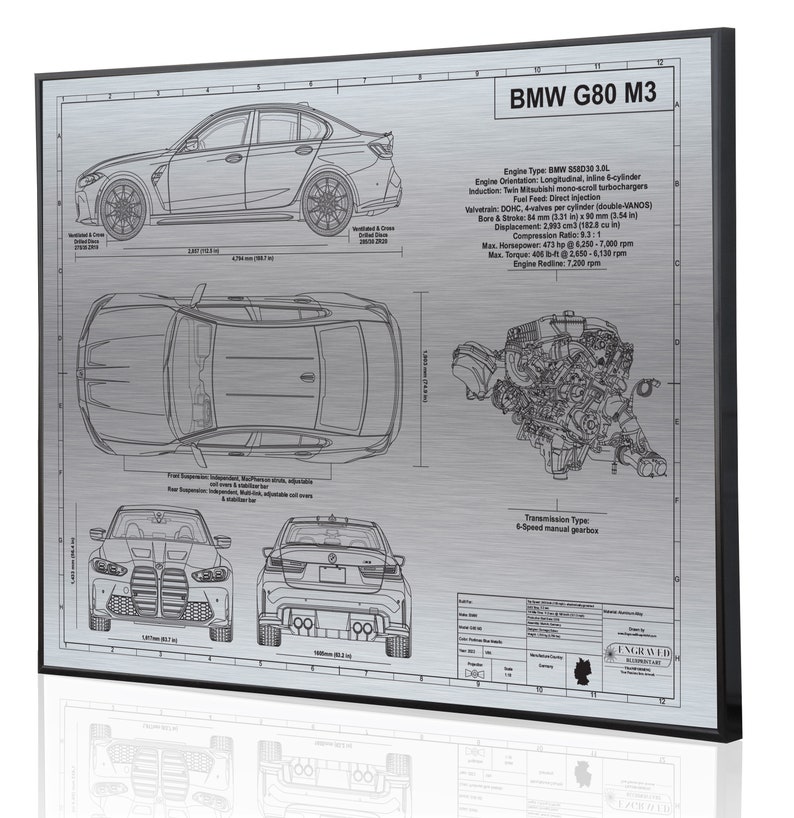 BMW G80 M3 Laser Engraved Wall Art Poster. Blueprint Sign - Etsy