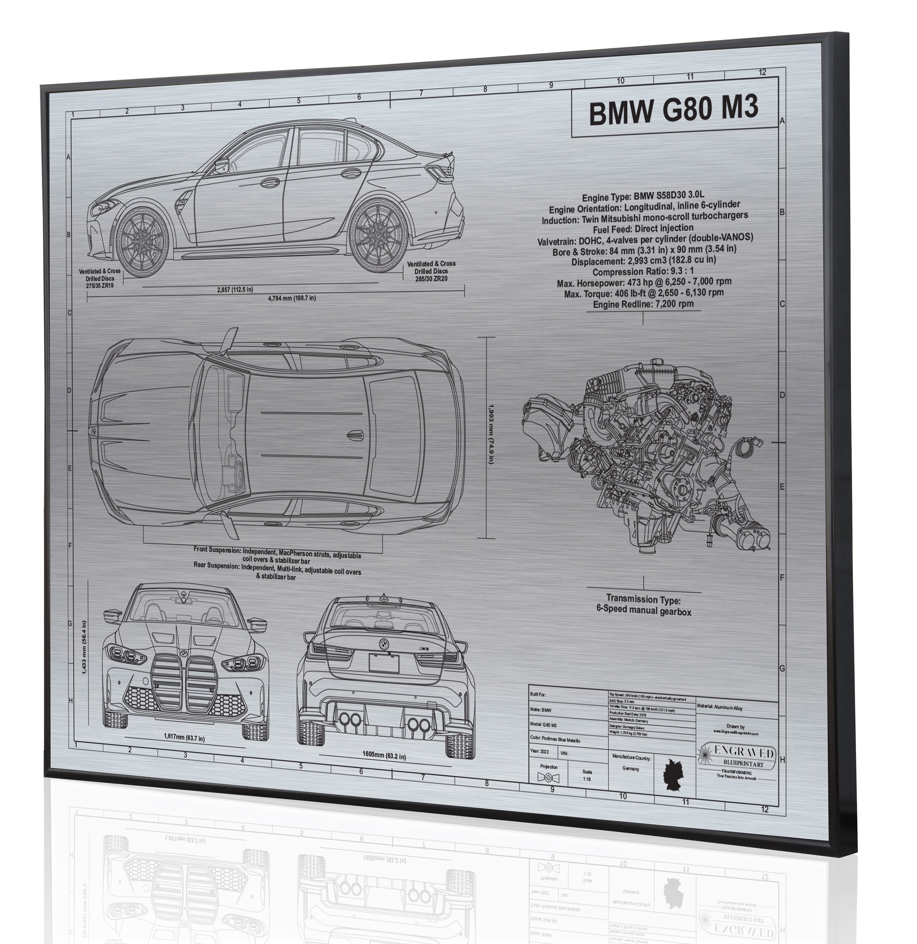 BMW G80 M3 Laser Engraved Wall Art Poster. Blueprint Sign - Etsy