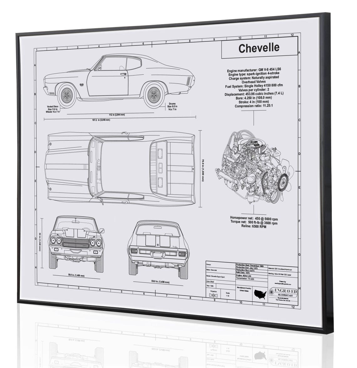 Chevrolet Chevelle 454 LS6 Laser Engraved Wall Art Blueprint | Etsy