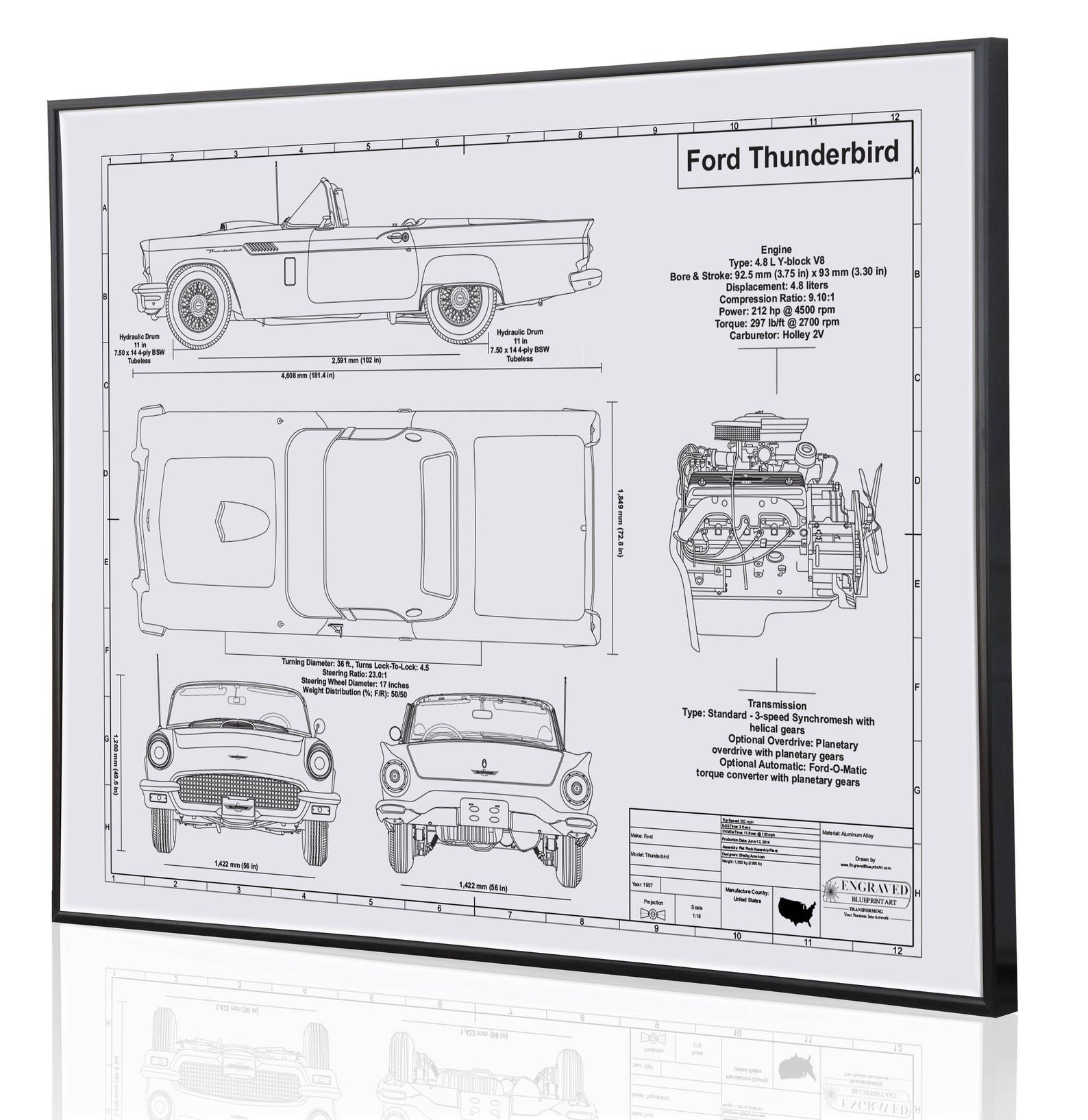 Ford Thunderbird 1957 Laser Engraved Wall Art. Blueprint Sign - Etsy