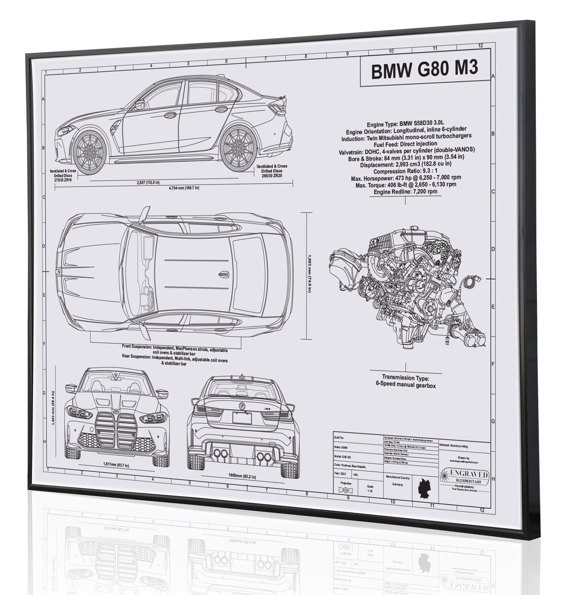 BMW G80 M3 Laser Engraved Wall Art Poster. Blueprint Sign - Etsy
