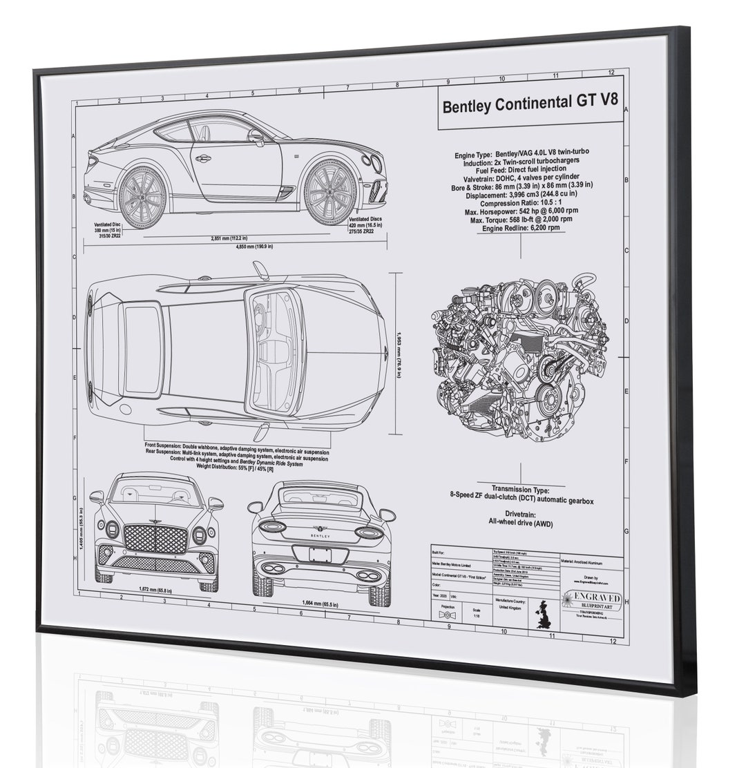 Bentley Continental GT V8 First Edition Laser Engraved Blueprint ...