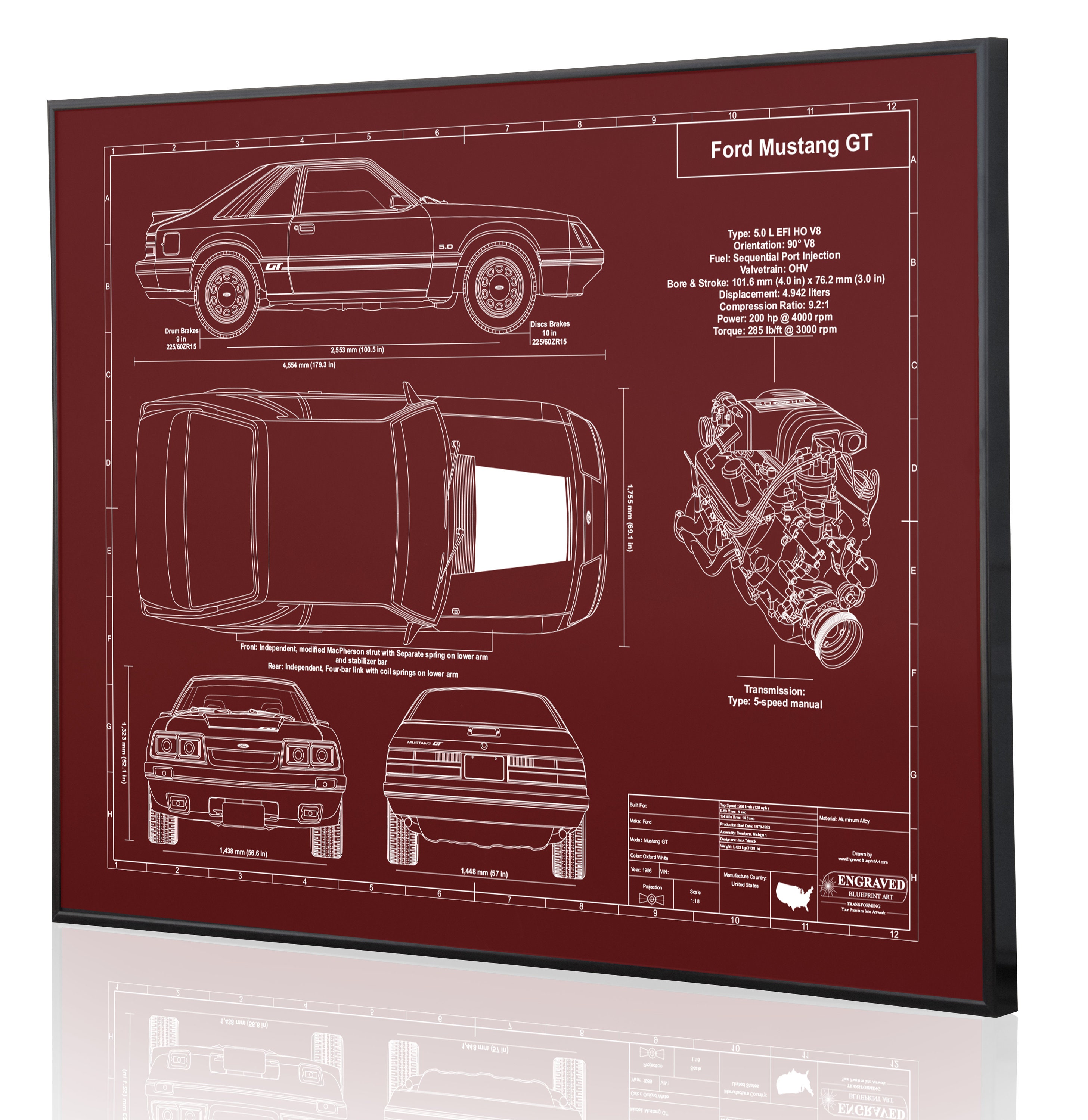 Ford Mustang GT 5.0 Laser Engraved Wall Art. Engraved on | Etsy