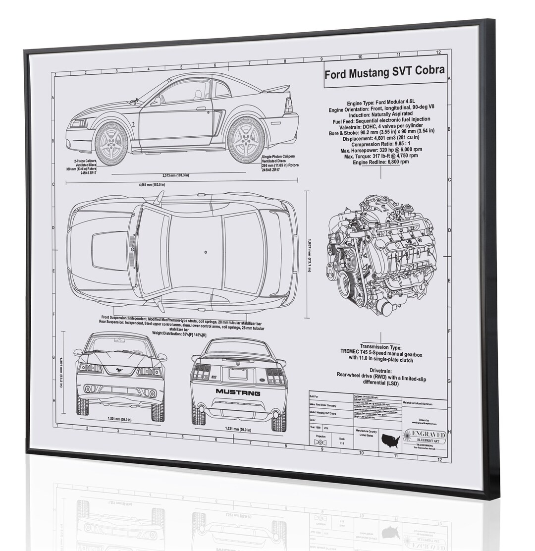 Ford Mustang SVT Cobra 1999 Personalized Laser Engraved Wall Art ...