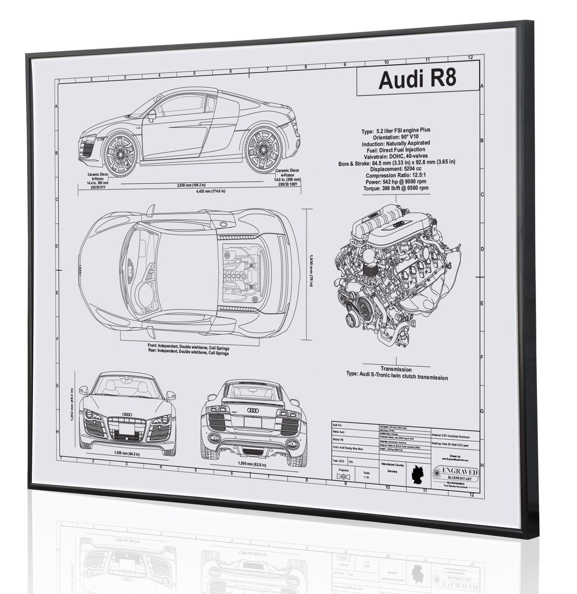 Audi R8 Laser Engraved Wall Art. Engraved on Metal Acrylic or | Etsy