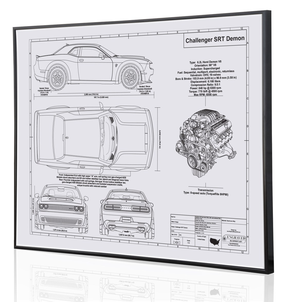 Dodge Challenger SRT Demon Personalized Blueprint Laser - Etsy