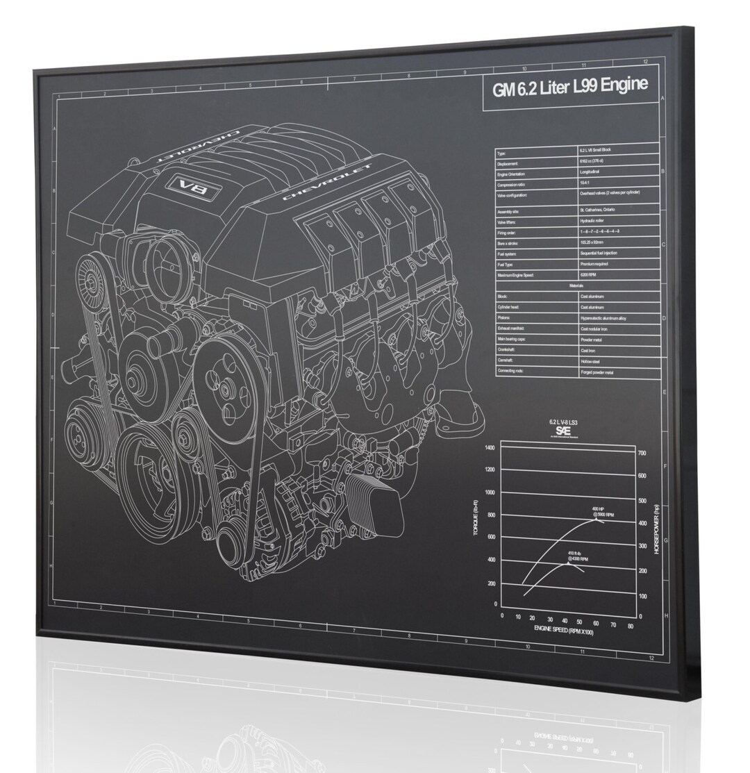 GM 6.2 L L99 Engine Laser Engraved Wall Art Poster. Engraved on Metal ...