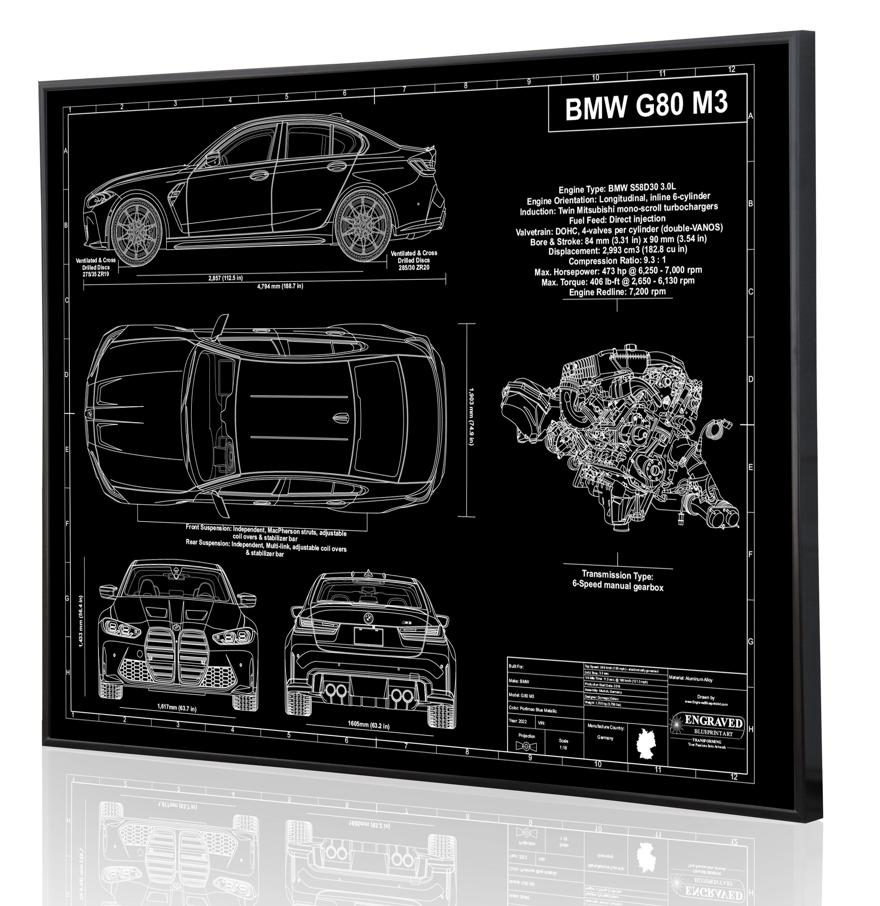 BMW G80 M3 Laser Engraved Wall Art Poster. Blueprint Sign - Etsy