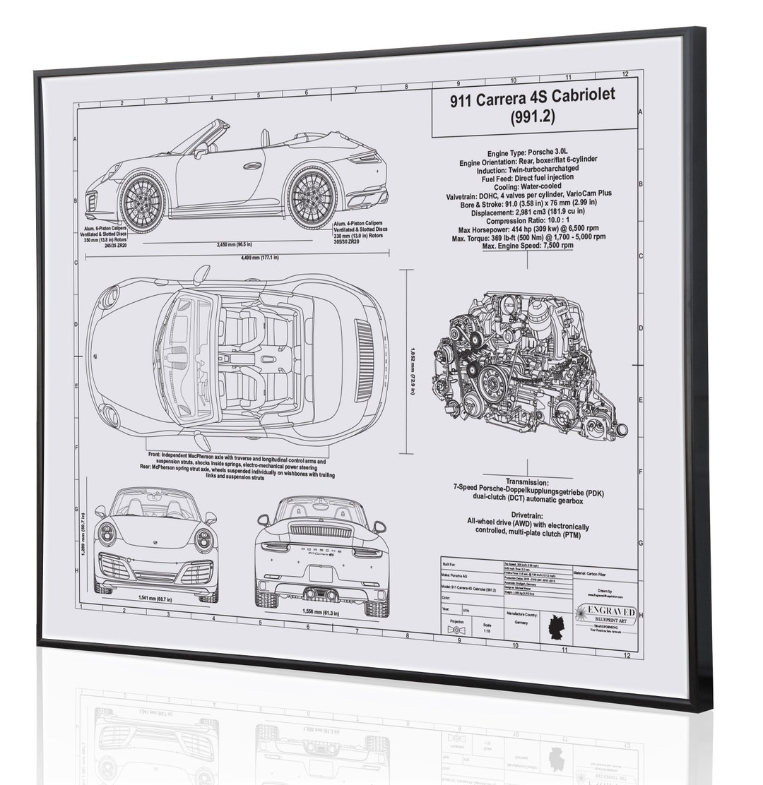 Porsche 991.2 911 Carrera 4S Cabriolet Laser Engraved Wall Art Poster ...