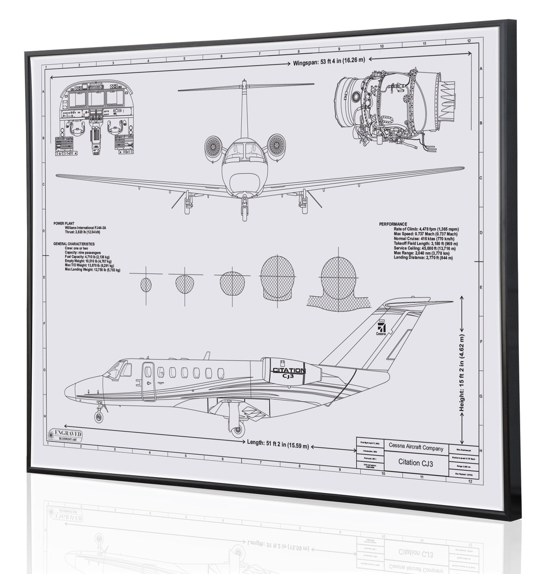 Cessna Citation CJ3 Personalized Engraved Blueprint Artwork. | Etsy