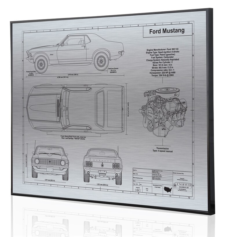 Ford Mustang 1970 Laser Engraved Wall Art. Engraved on Metal - Etsy