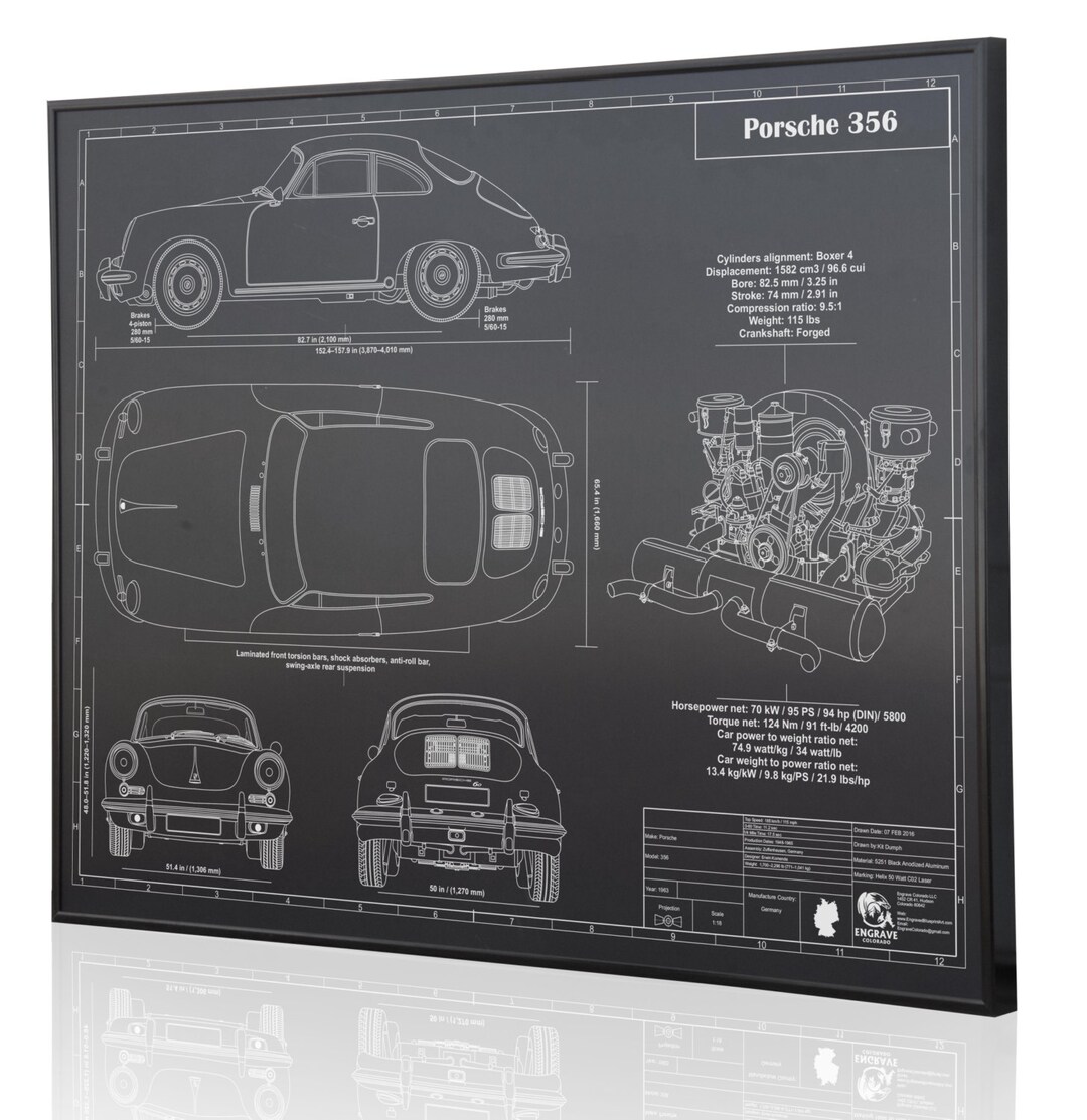 Porsche 356 Laser Engraved Wall Art Poster Large Engraved Blue Print ...