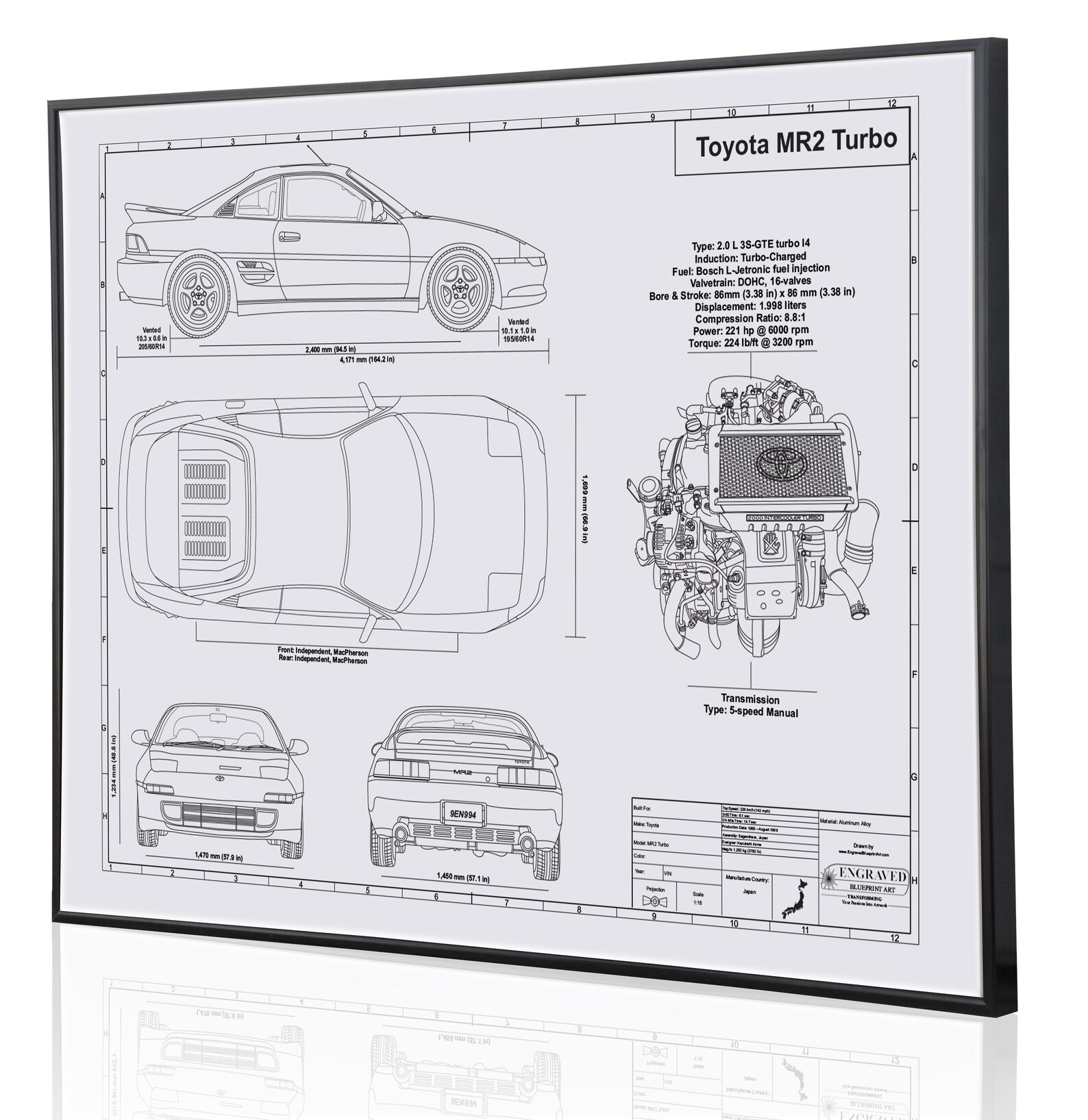 Toyota MR2 Turbo Personalized Laser Engraved Wall Blueprint - Etsy