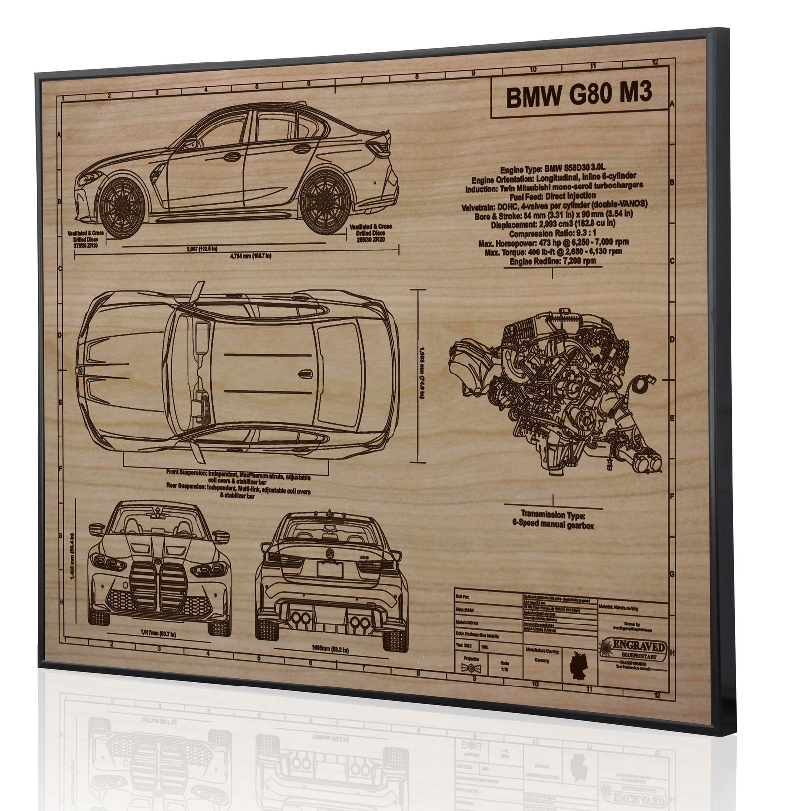 BMW G80 M3 Laser Engraved Wall Art Poster. Blueprint Sign - Etsy