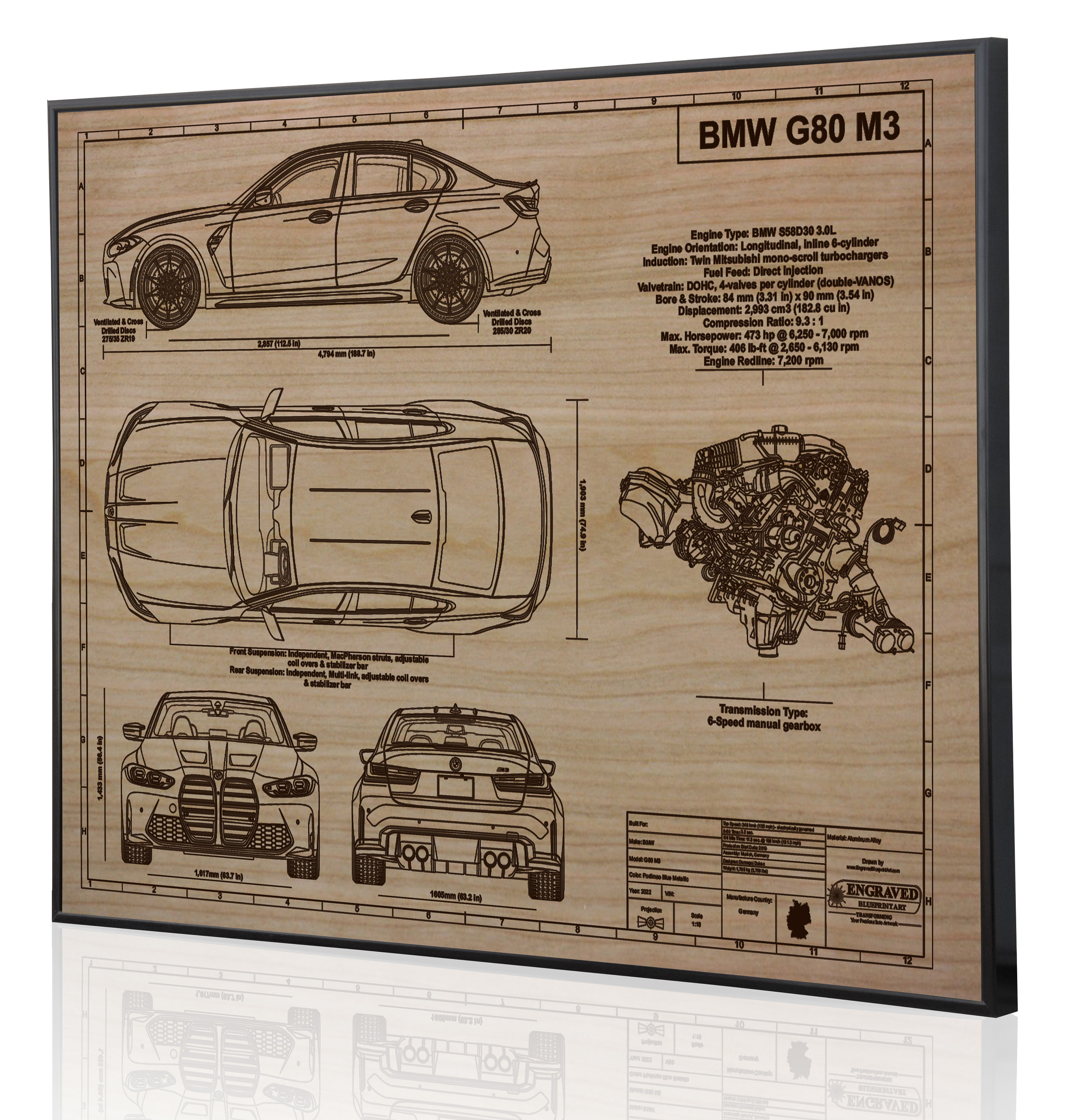 BMW G80 M3 Laser Engraved Wall Art Poster. Blueprint Sign - Etsy